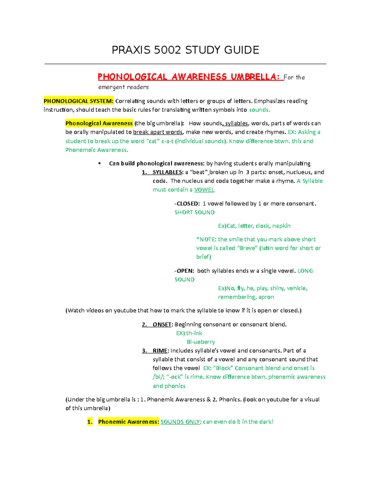 Study Guide for PRAXIS 5002: Phonological Awareness and Reading Skills ...