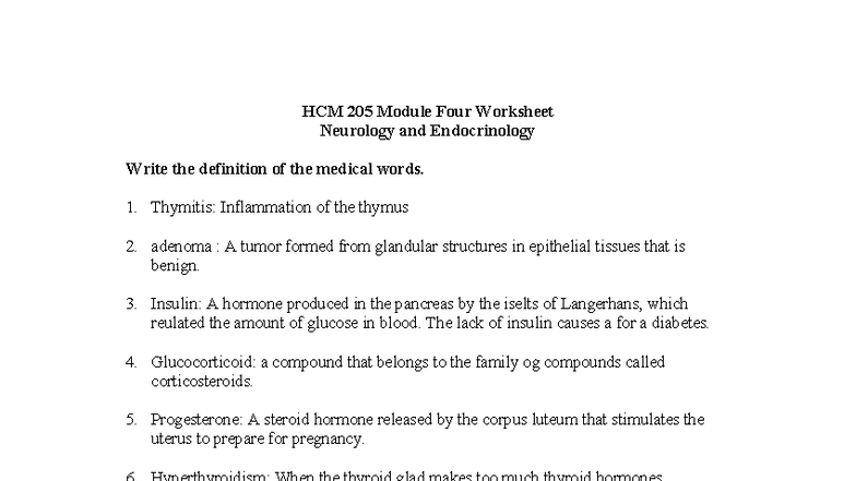HCM 205 Module Four Worksheet: Neurology and Endocrinology Definitions ...