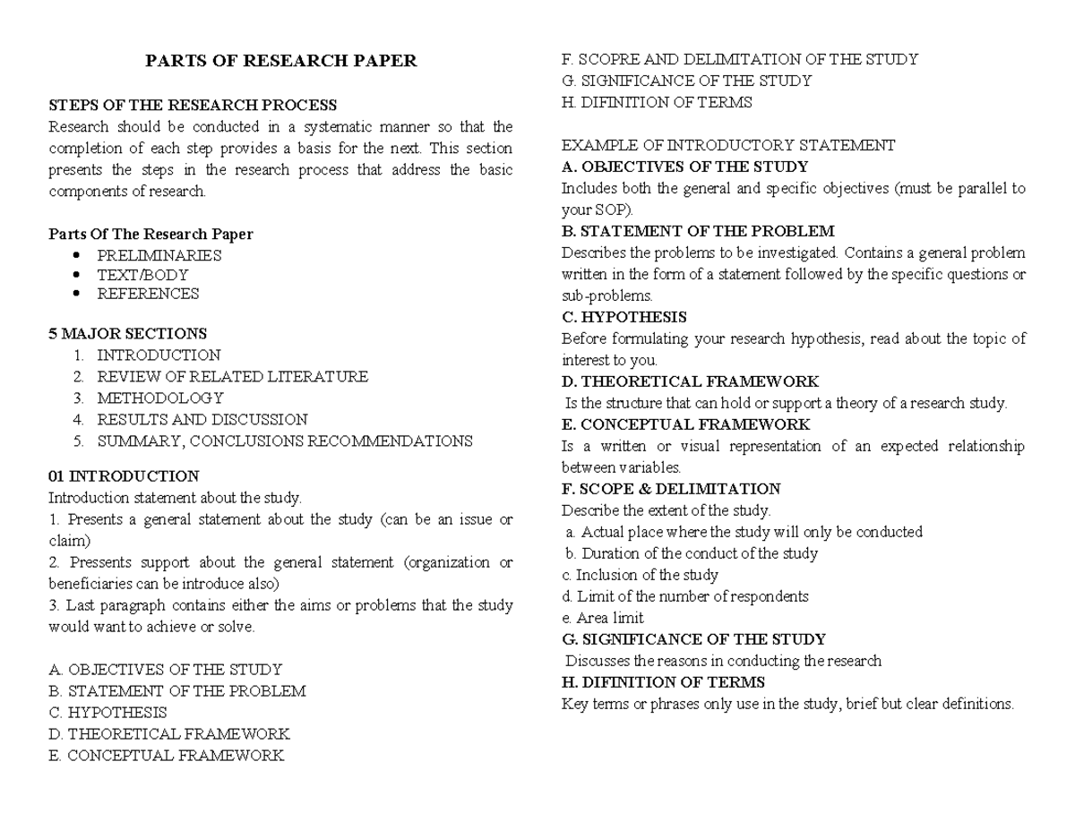 Parts OF Research Paper - PARTS OF RESEARCH PAPER STEPS OF THE RESEARCH ...