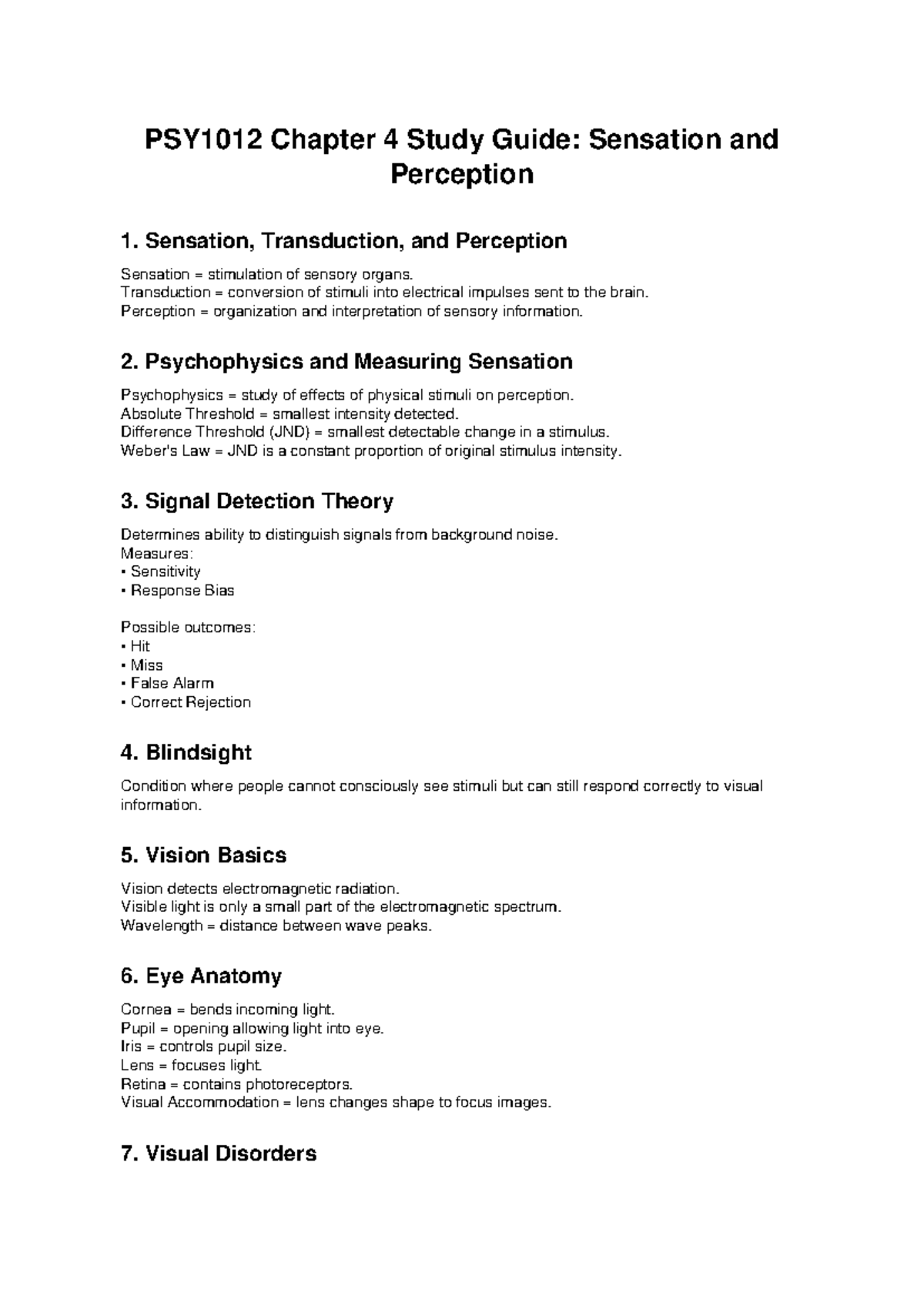 PSY1012 Chapter 4 Full Study Guide: Sensation & Perception Insights ...