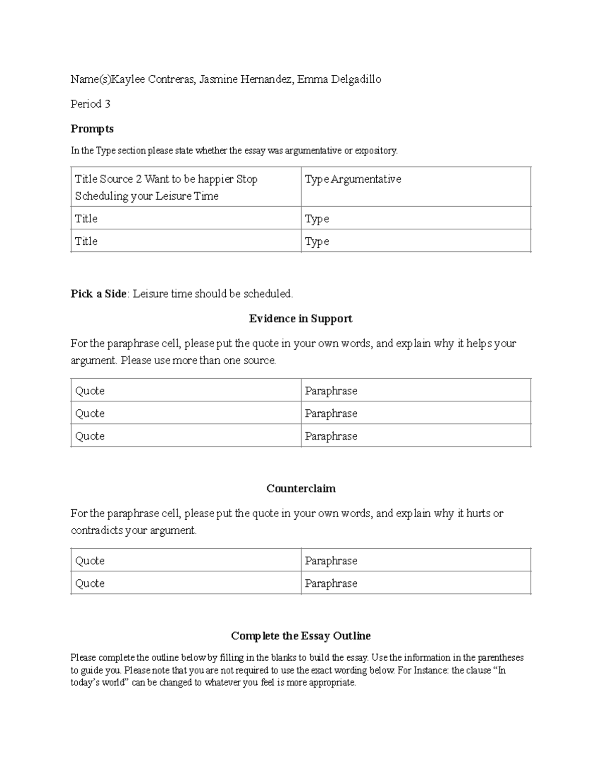 BEST Essay Outline - just copy copyu tr;dg - Name(s)Kaylee Contreras ...