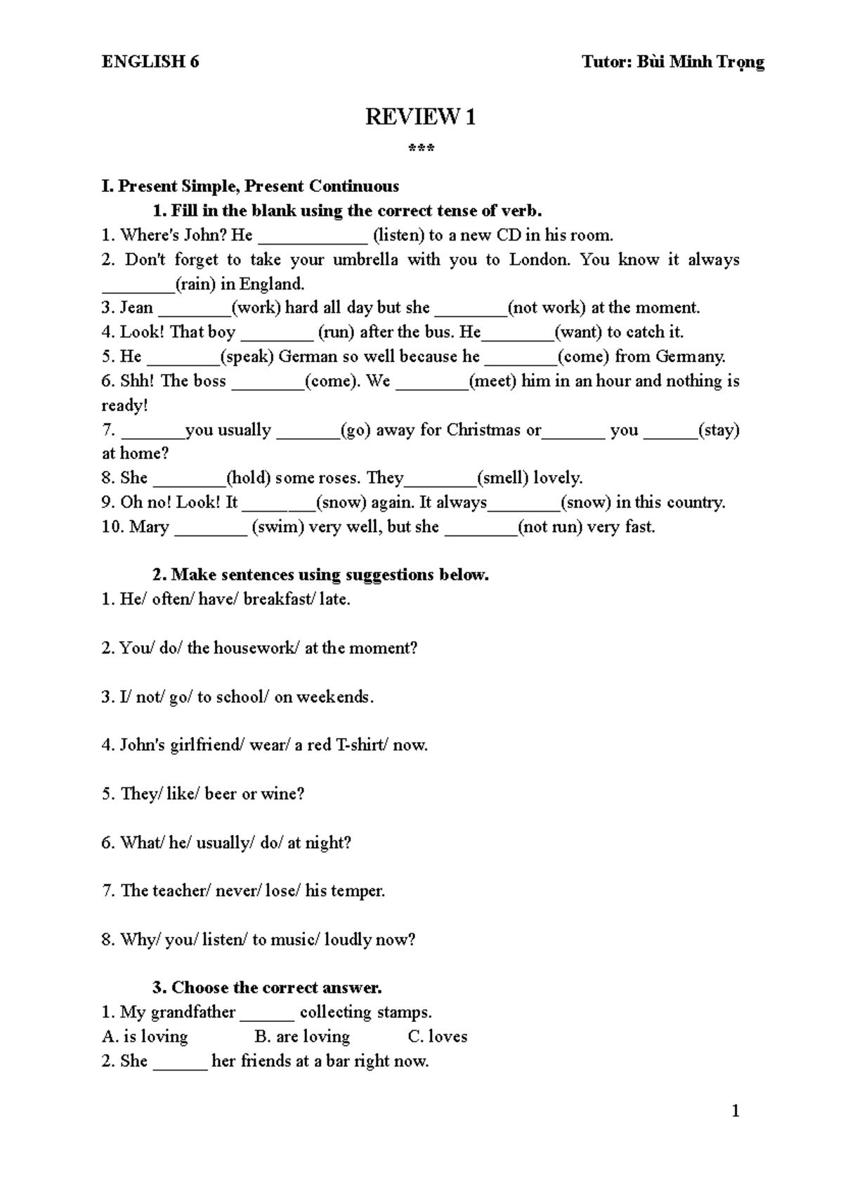 ENGLISH 6 Final Exam Review: Present Simple & Continuous - Studocu