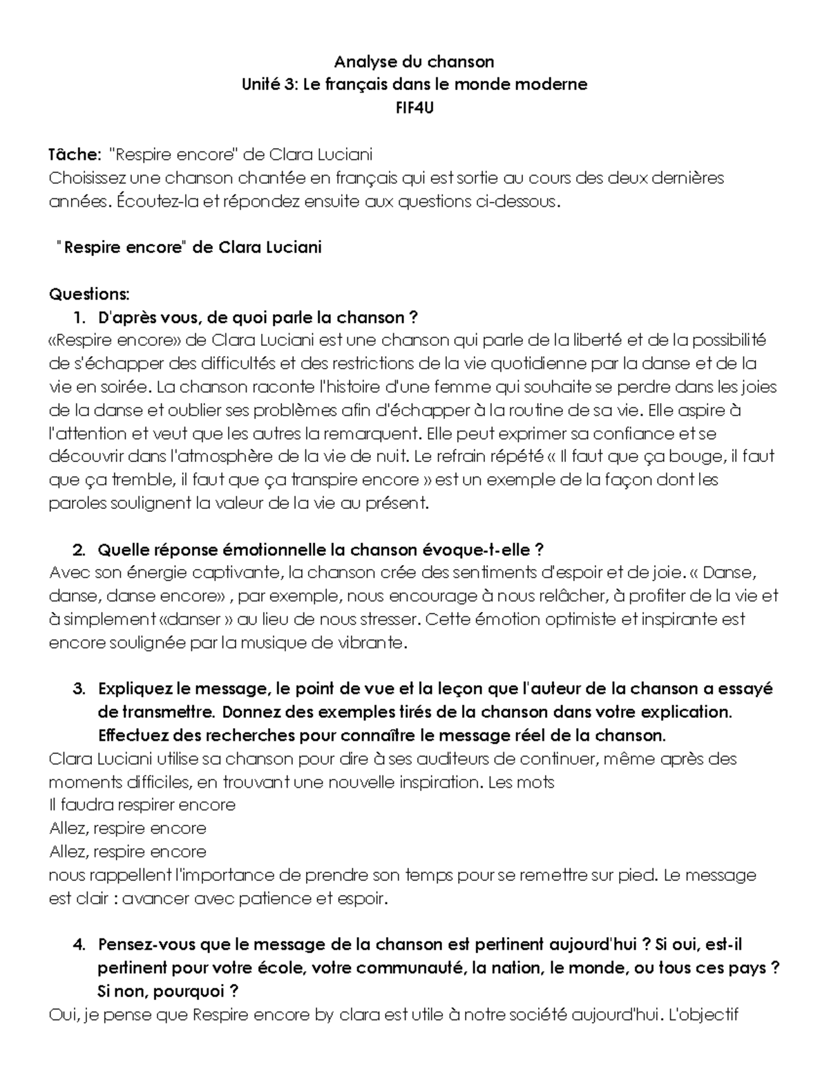 FIF4U Analyse de la chanson "Respire Encore" de Clara Luciani - Studocu