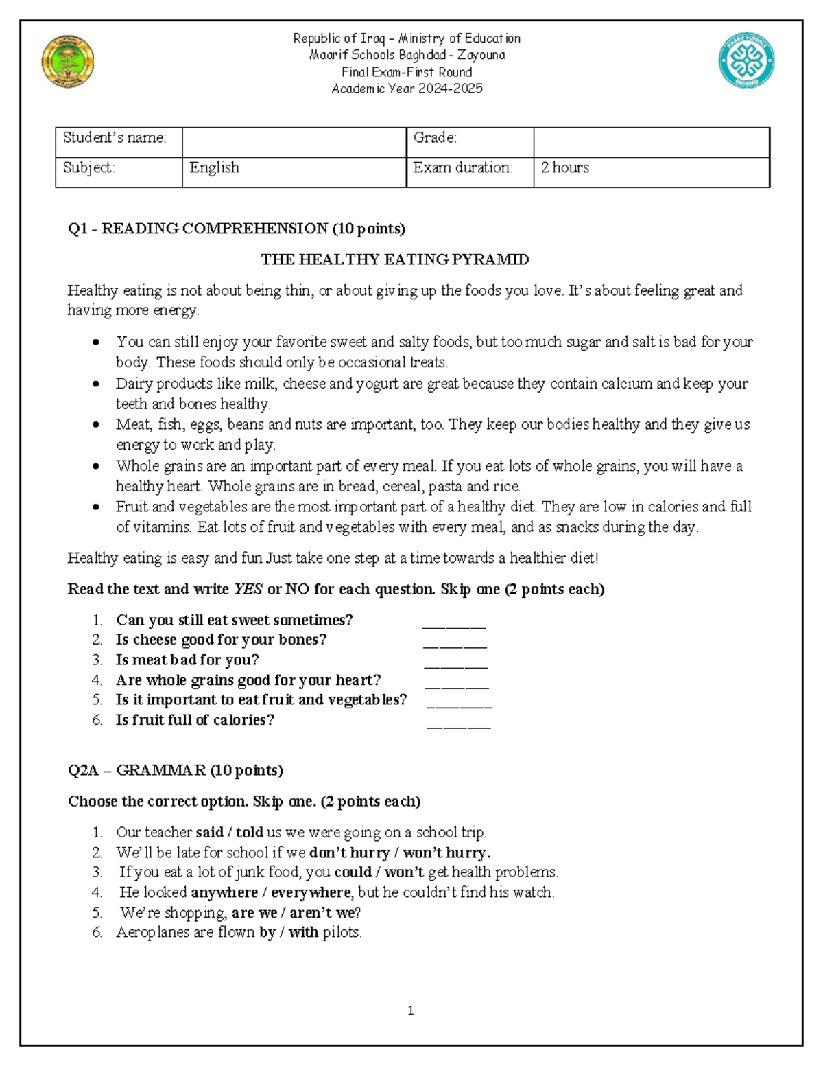 English Grade 5 Final Exam: Healthy Eating & Grammar - Studocu