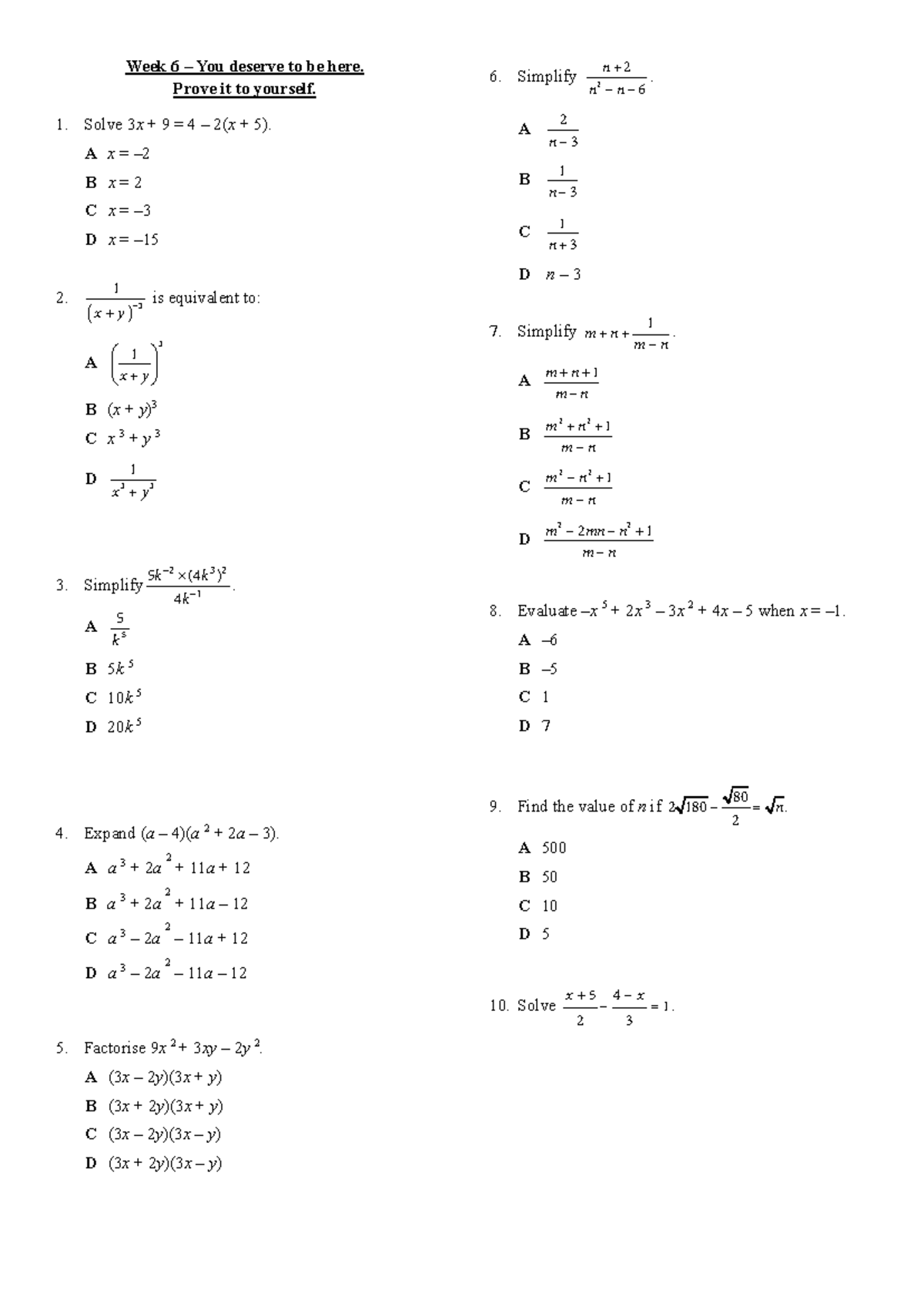 MATH101 Week 6 Algebra Practice Problems and Solutions - Studocu