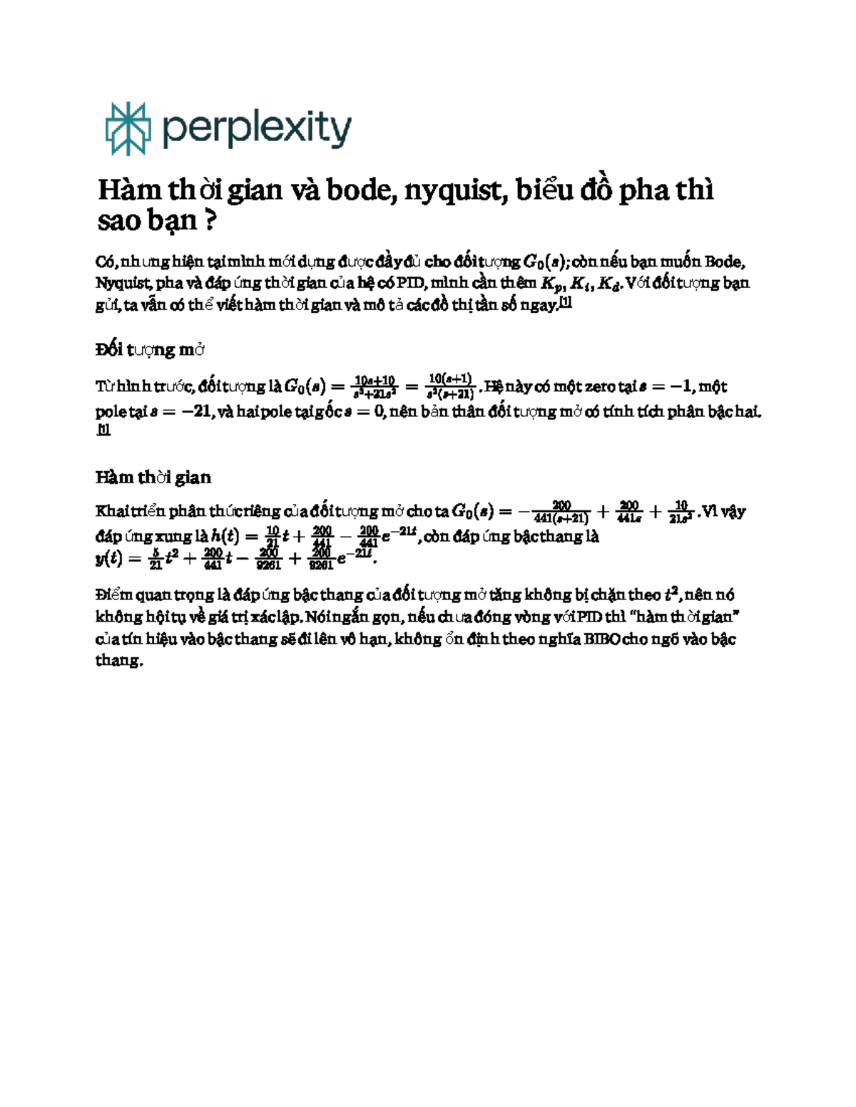 Hàm Thời Gian và Đồ Thị Bode, Nyquist cho Hệ PID - Studocu