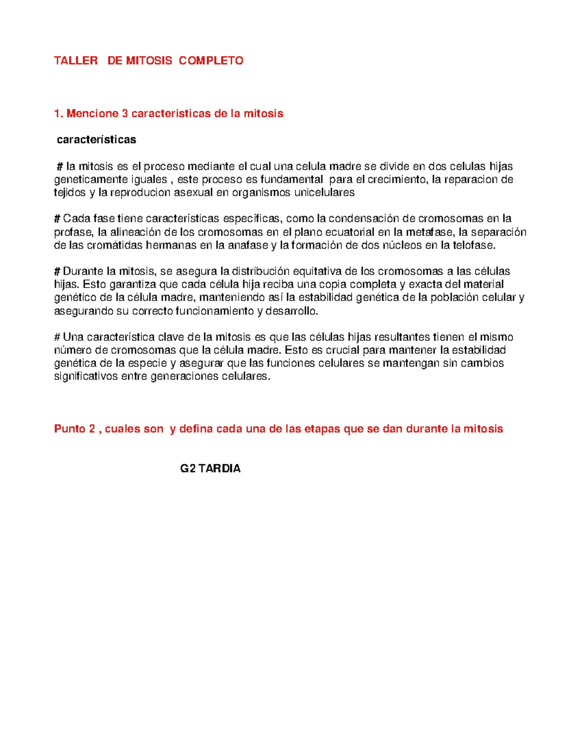 Taller de Mitosis: Características, Etapas y Diferencias con Meiosis - Studocu