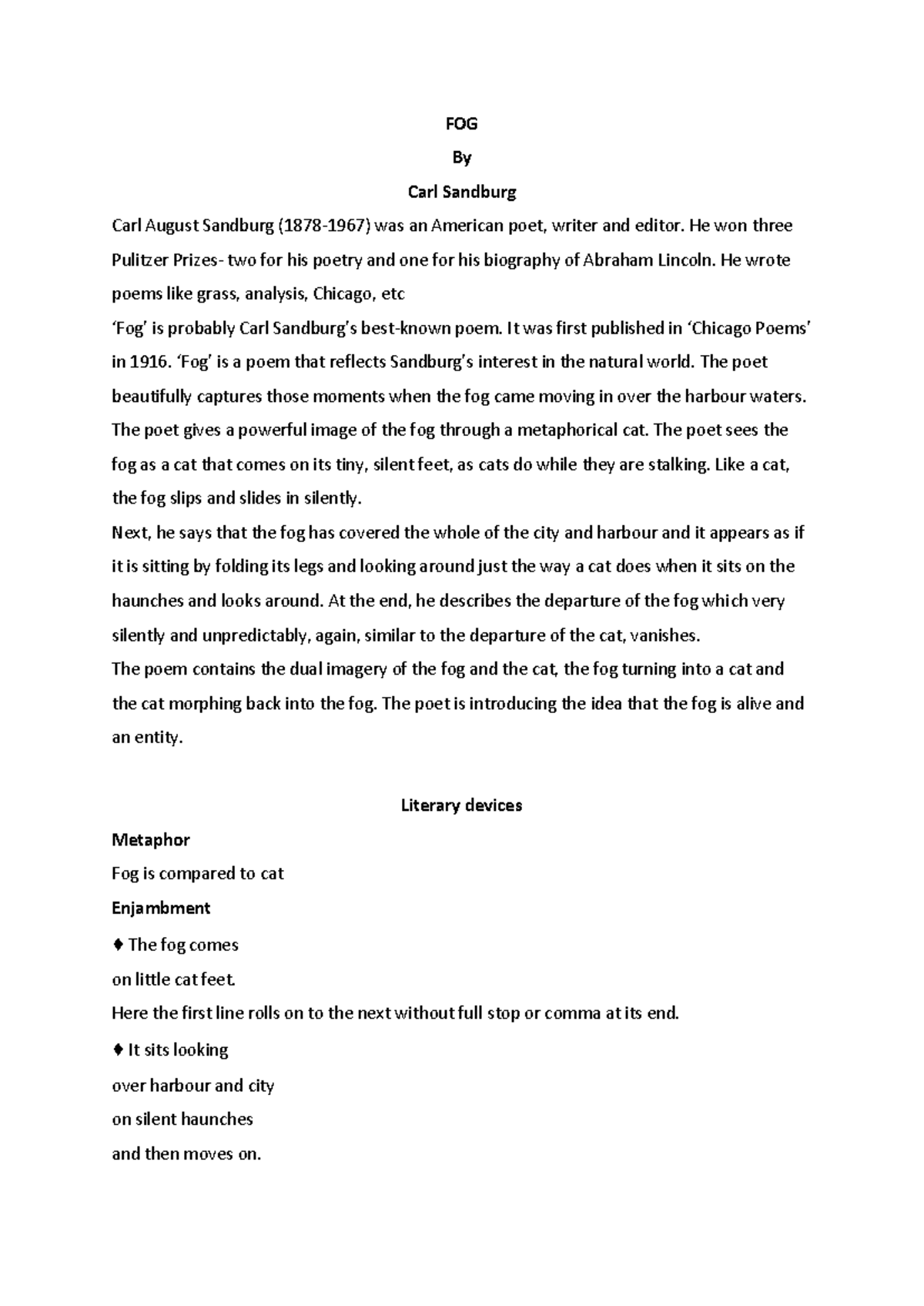 P-7 Analysis of "Fog" Poem by Carl Sandburg - Studocu