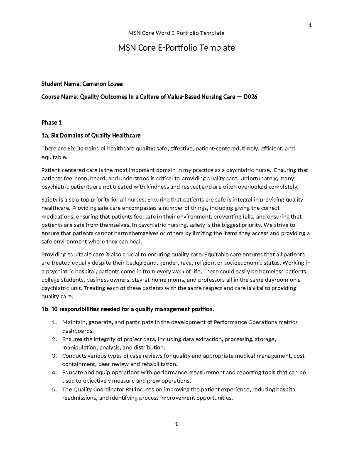 D026 E-Portfolio: Quality Outcomes in Nursing Care - Task 1 Analysis ...