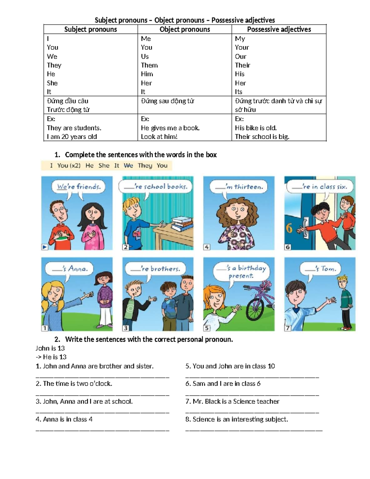 Subject and Object Pronouns with Possessive Adjectives - Studocu