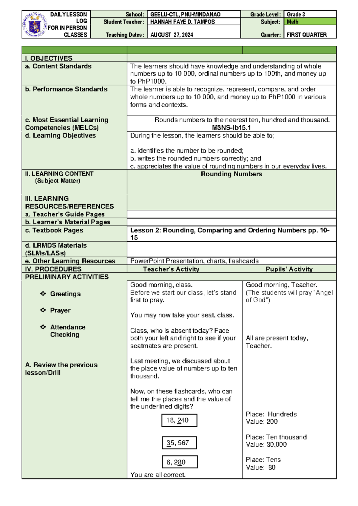 LP MATH3 Tuesday - Lesson Plan - I. OBJECTIVES a. Content Standards The ...