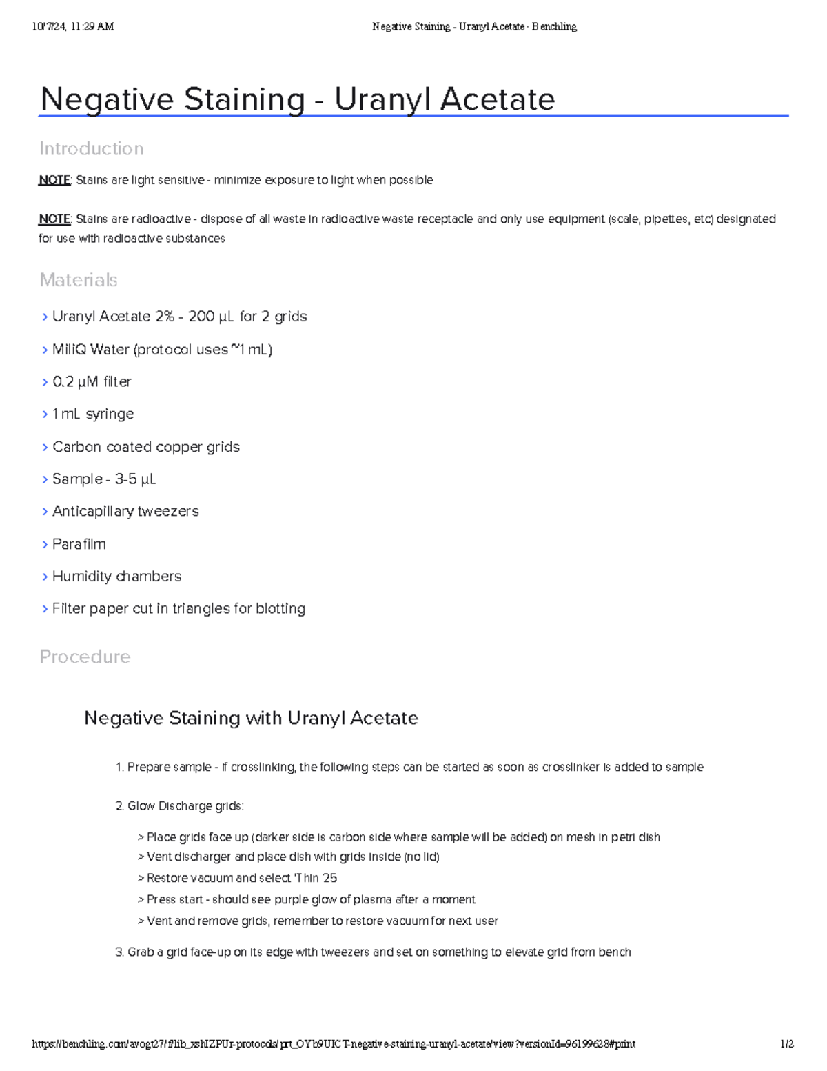 Negative Staining with Uranyl Acetate - Protocol Guide - Studocu
