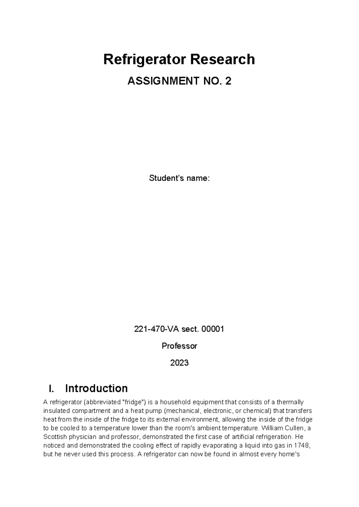 Refrigerator Research Assignment No. 2 - 2023 - Studocu