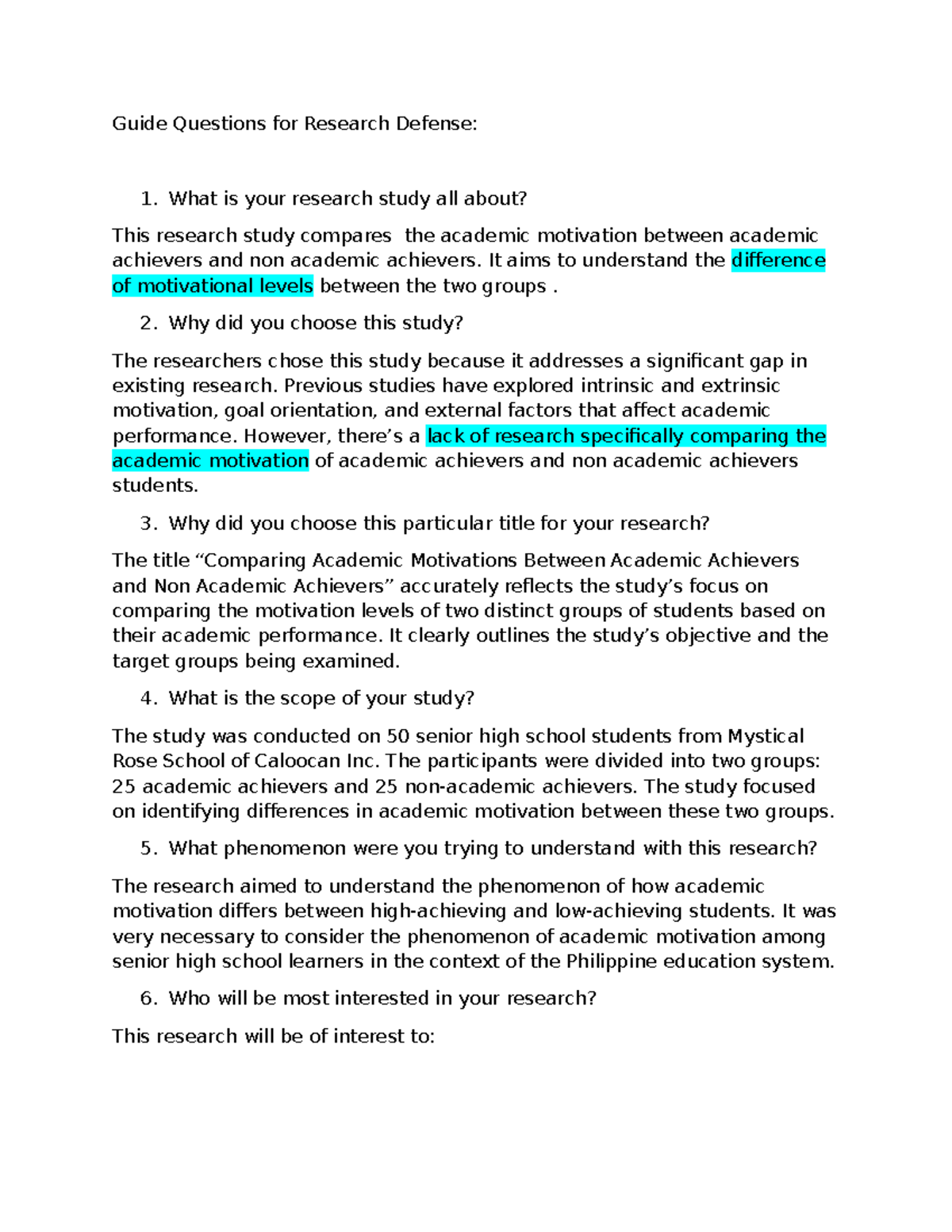 Guide Questions for Research Defense: Academic Motivation Study - Studocu