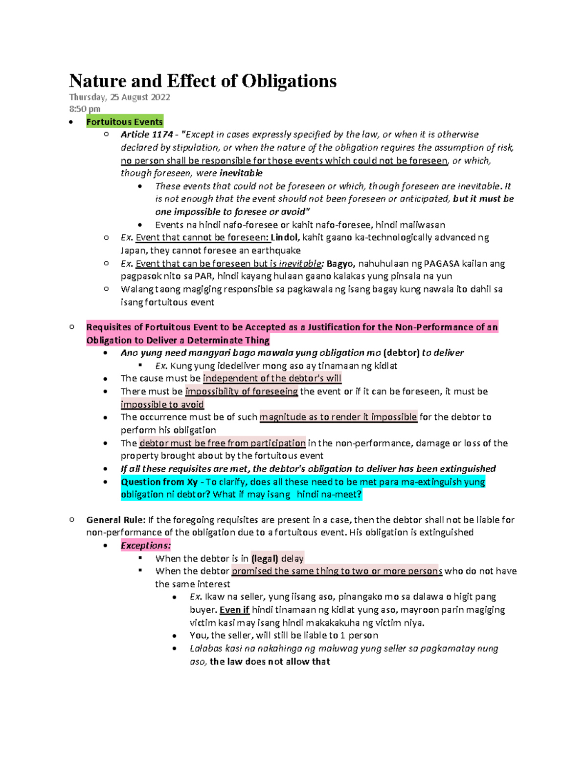 Obligations & Fortuitous Events: Nature and Legal Implications - Studocu