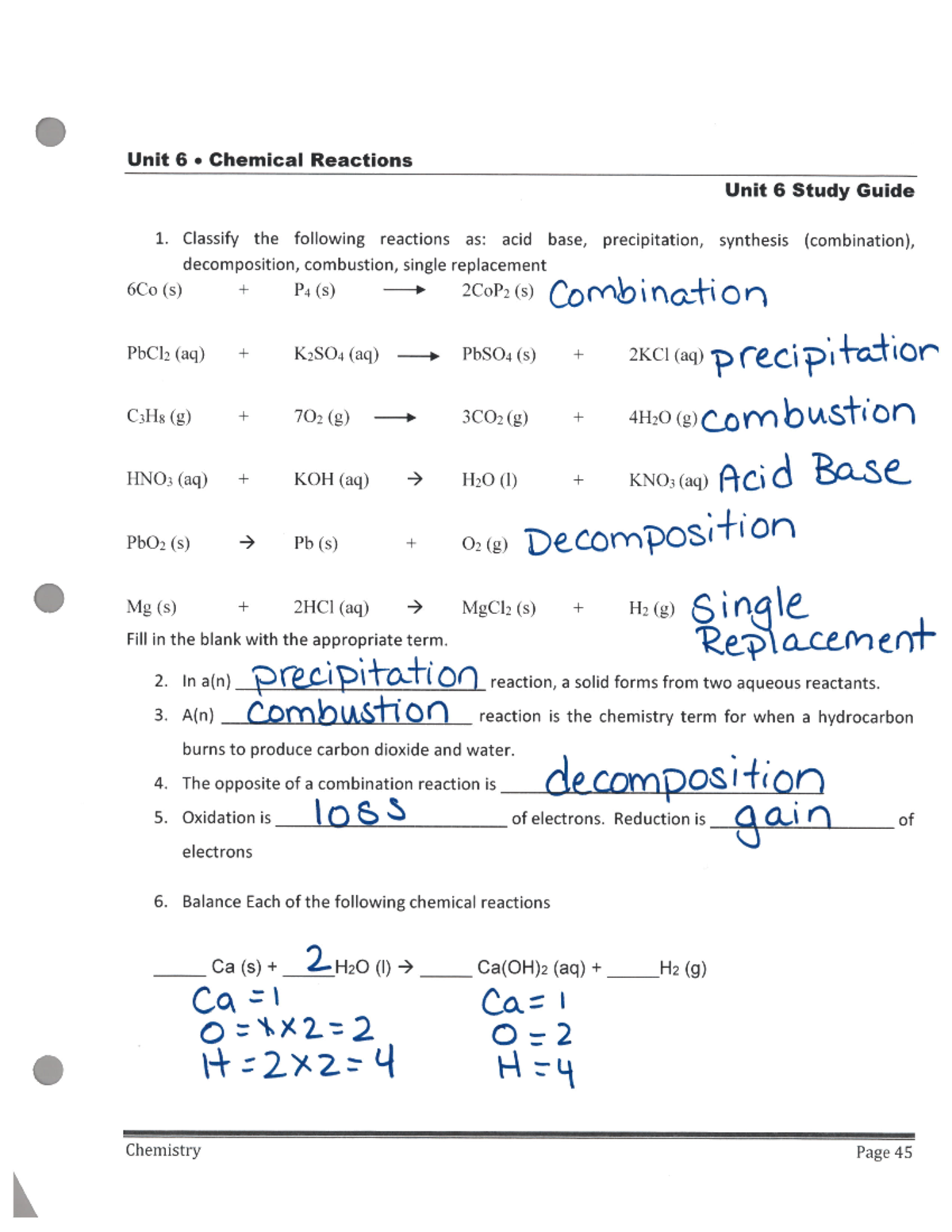 Unit 6 Study Guide: Chemical Reactions Answer Key 2022 - Studocu