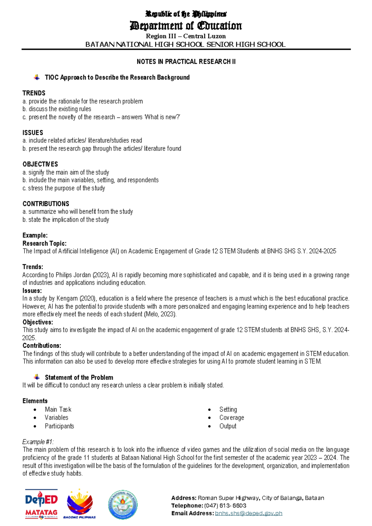 Notes on PR2 TIOC SOP Research Questions & Framework by MABC - Studocu