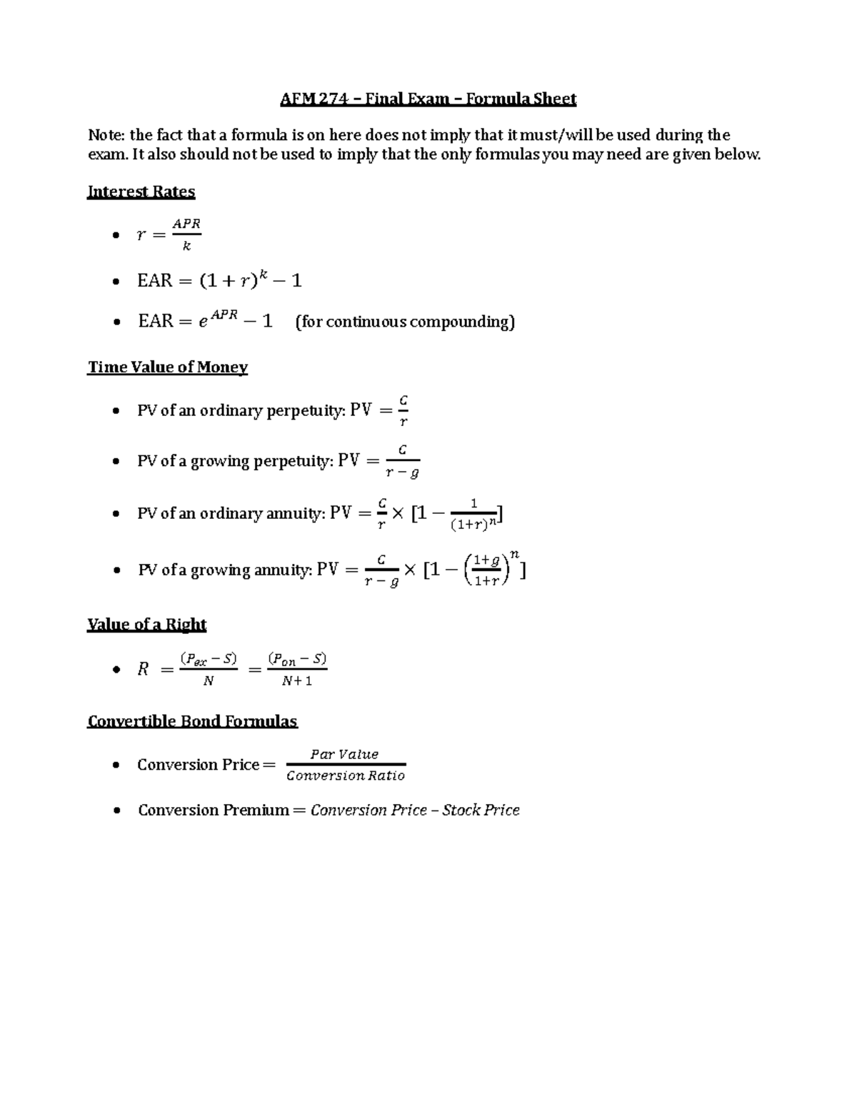 AFM 274 Final Exam Formula Sheet for Interest Rates & Valuation - Studocu