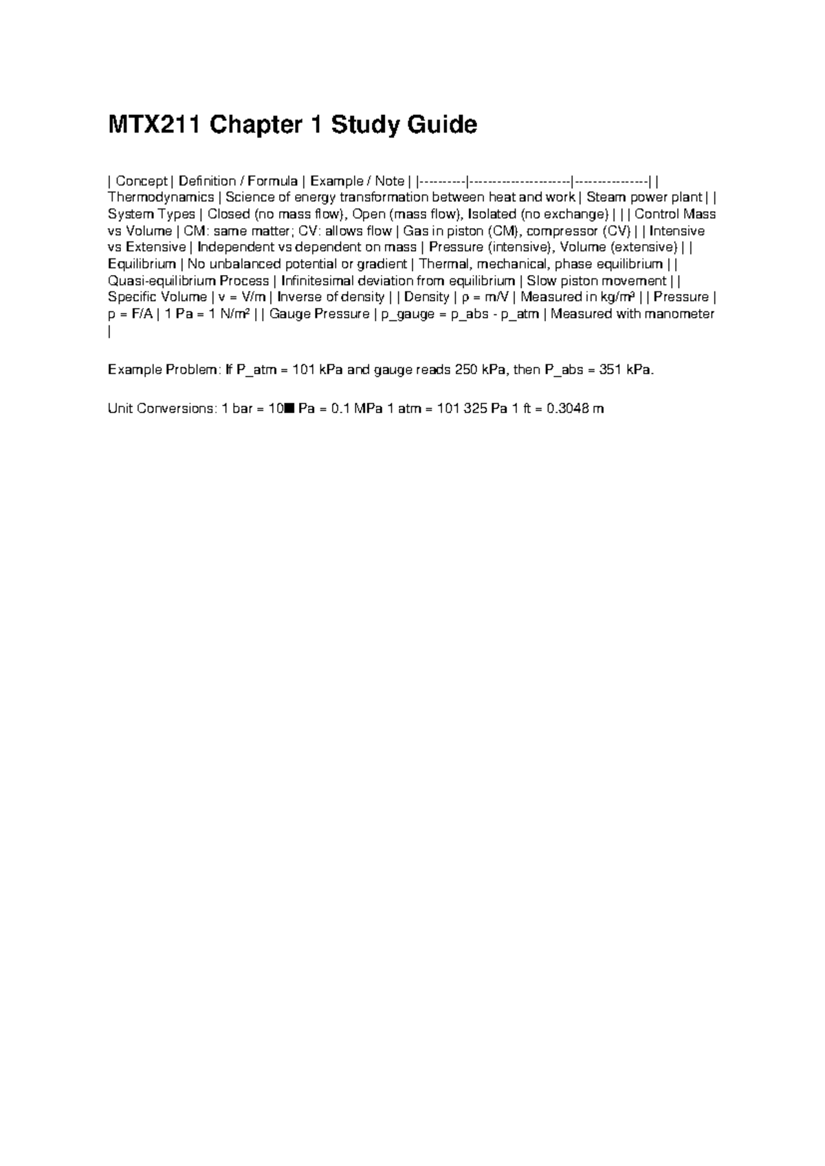 MTX211 Chapter 1 Thermodynamics Study Guide: Concepts & Formulas - Studocu