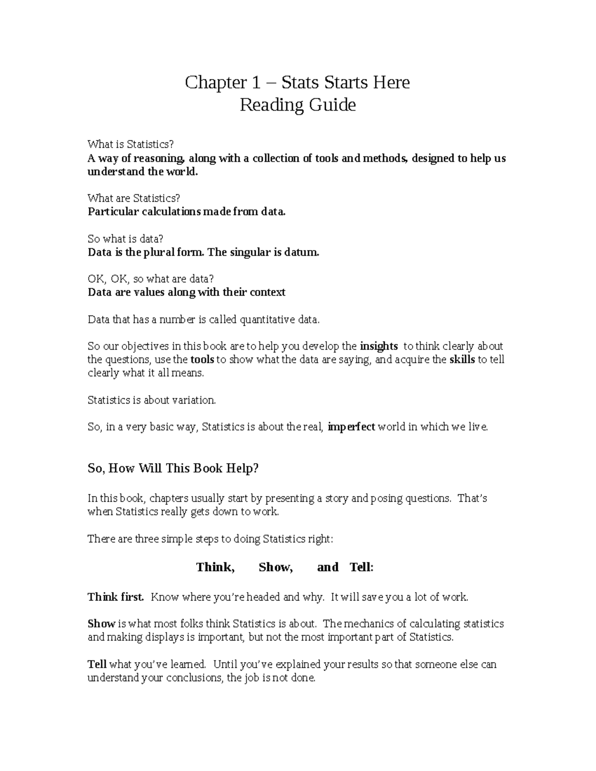 Chapter 1 Reading Guide - Chapter 1 – Stats Starts Here Reading Guide ...