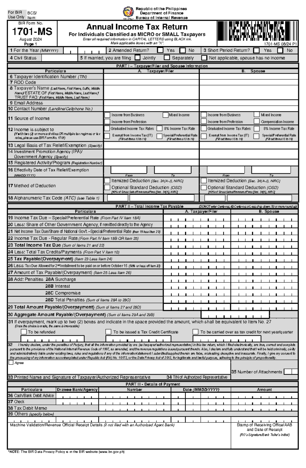 BIR Form 1701-MS Annual Income Tax Return for Micro/Small Taxpayers ...