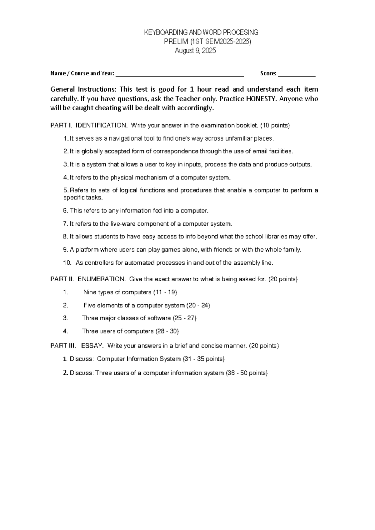 Prelim Exam - Keyboarding and Word Processing (1st Sem) - Studocu