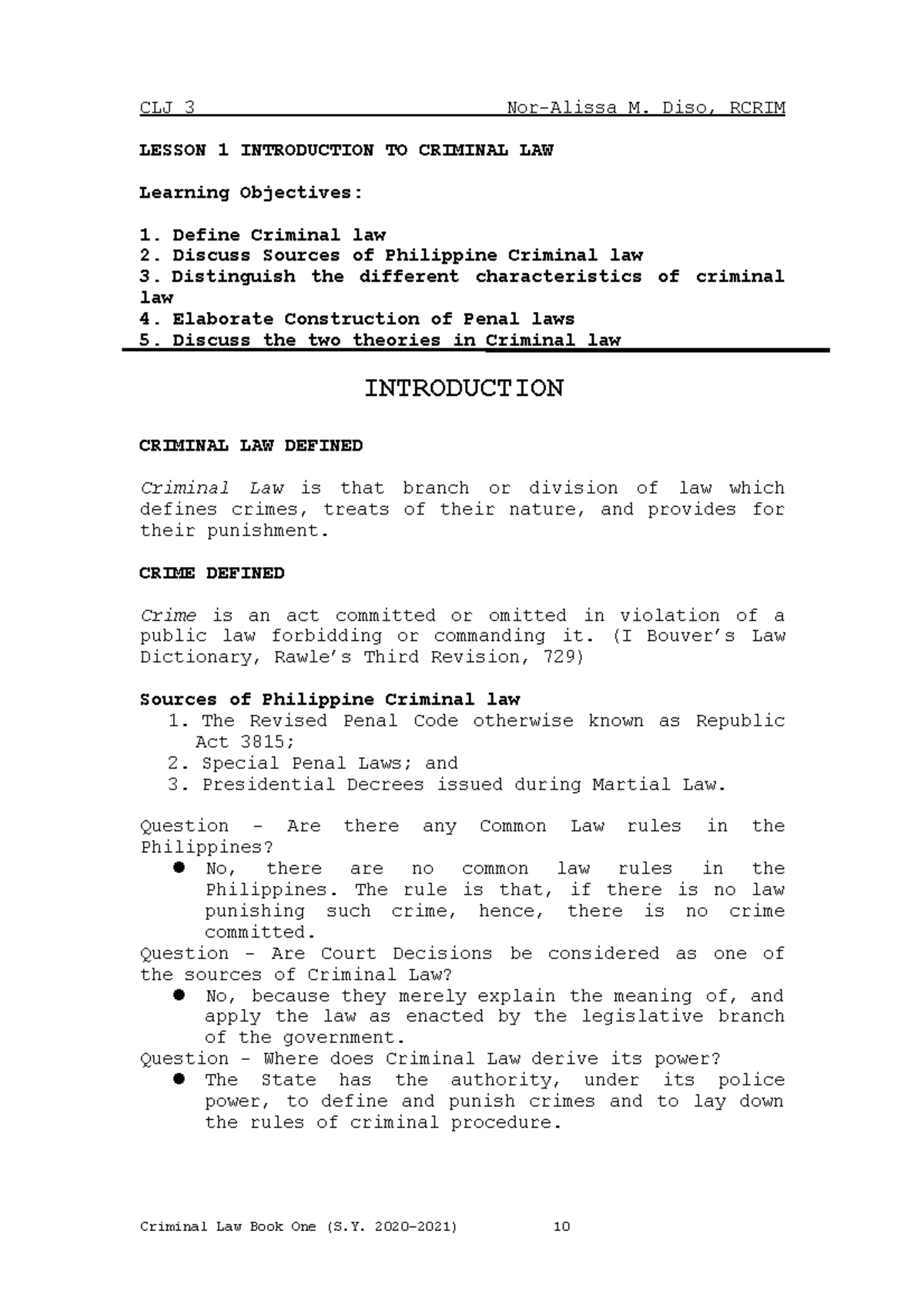 Introduction to Criminal LAW - LESSON 1 INTRODUCTION TO CRIMINAL LAW ...