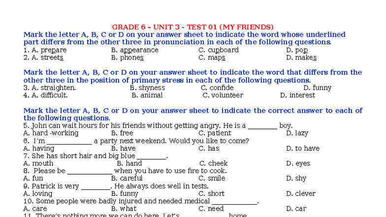 GRADE 6 UNIT 3 TEST 01 (MY FRIENDS) - Listening & Vocabulary - Studocu