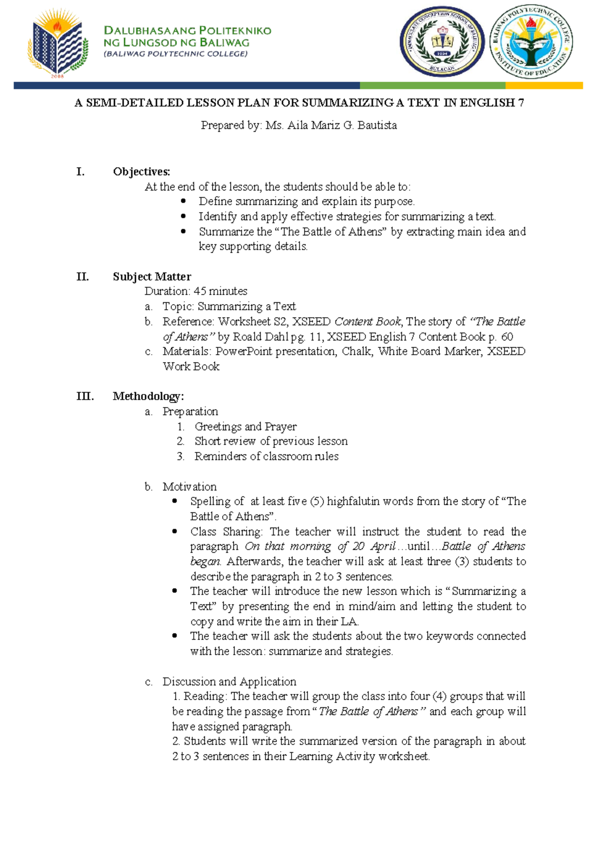 SDLP IN English 7: Lesson Plan for Summarizing Texts - Studocu