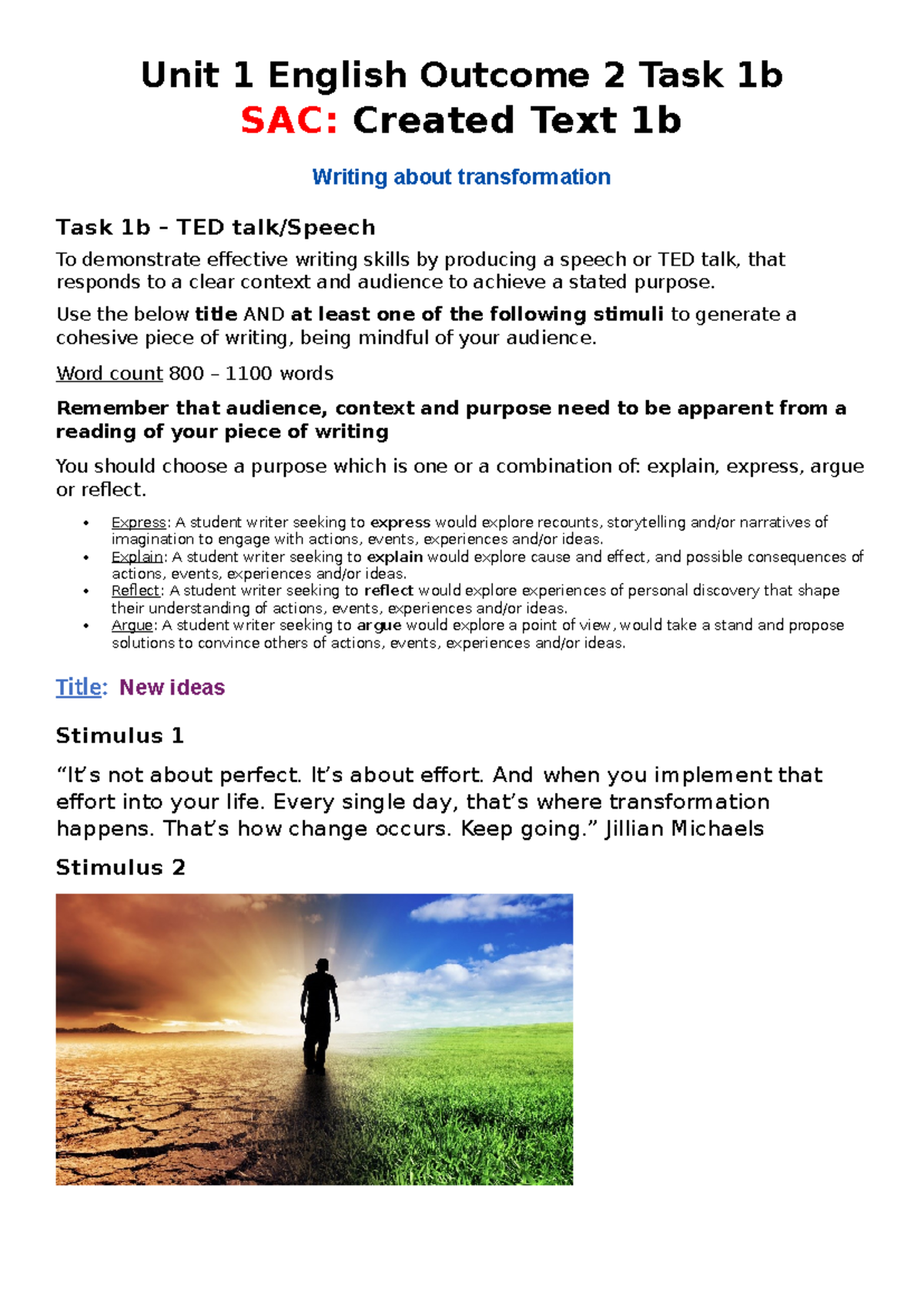 2024 11 English Unit 1 Outcome 2 Task 1 SAC: Transformative Writing ...