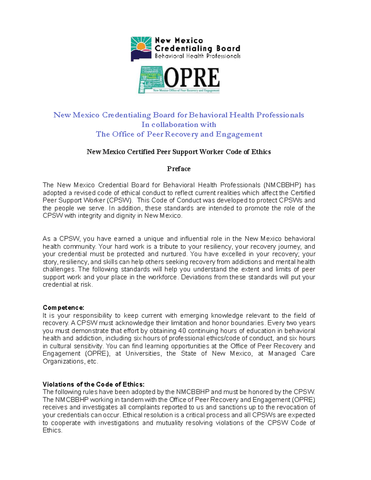 CPSW Code of Ethics: Standards for New Mexico Peer Support Workers ...