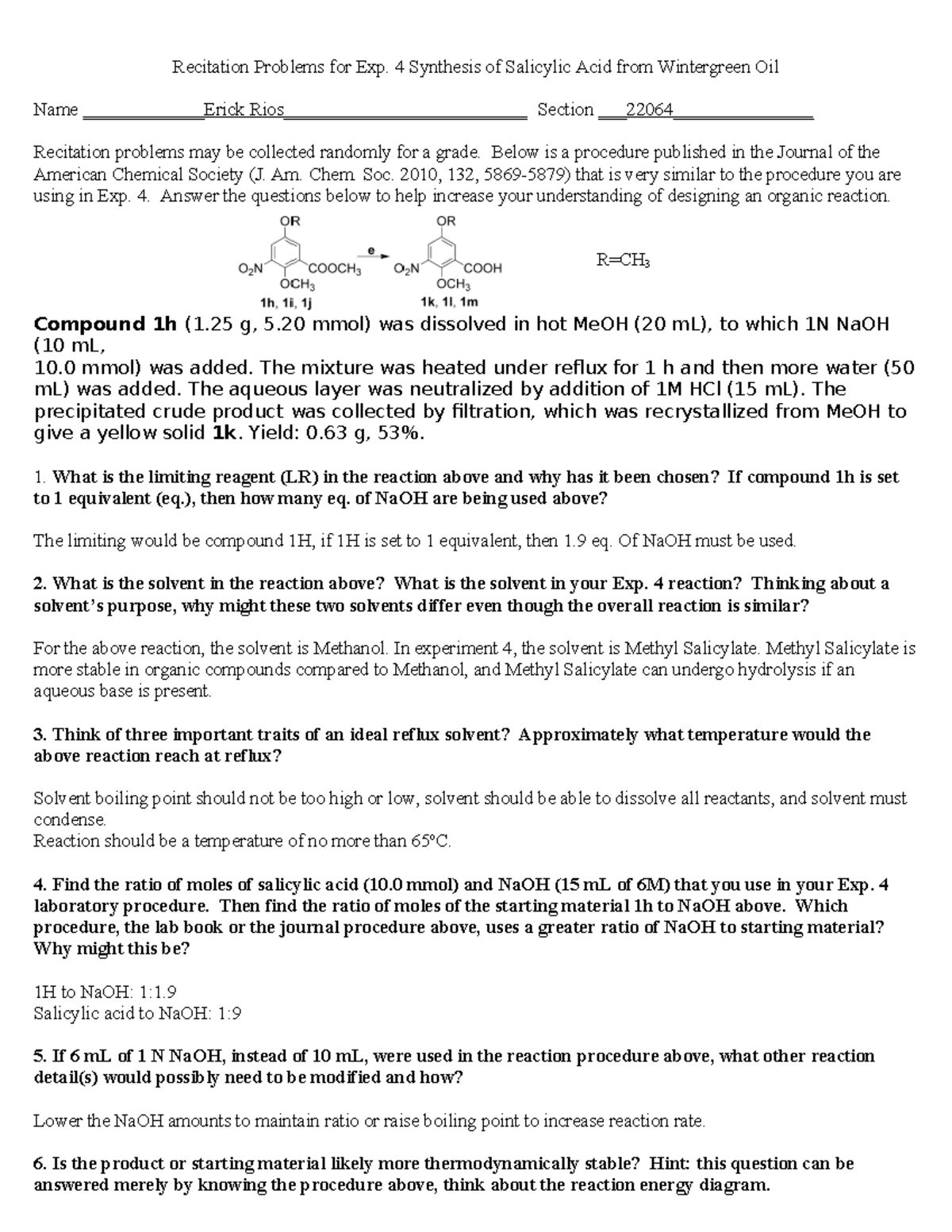 Recitation for Exp 4 - Recitation Problems for Exp. 4 Synthesis of Salicylic Acid from ...
