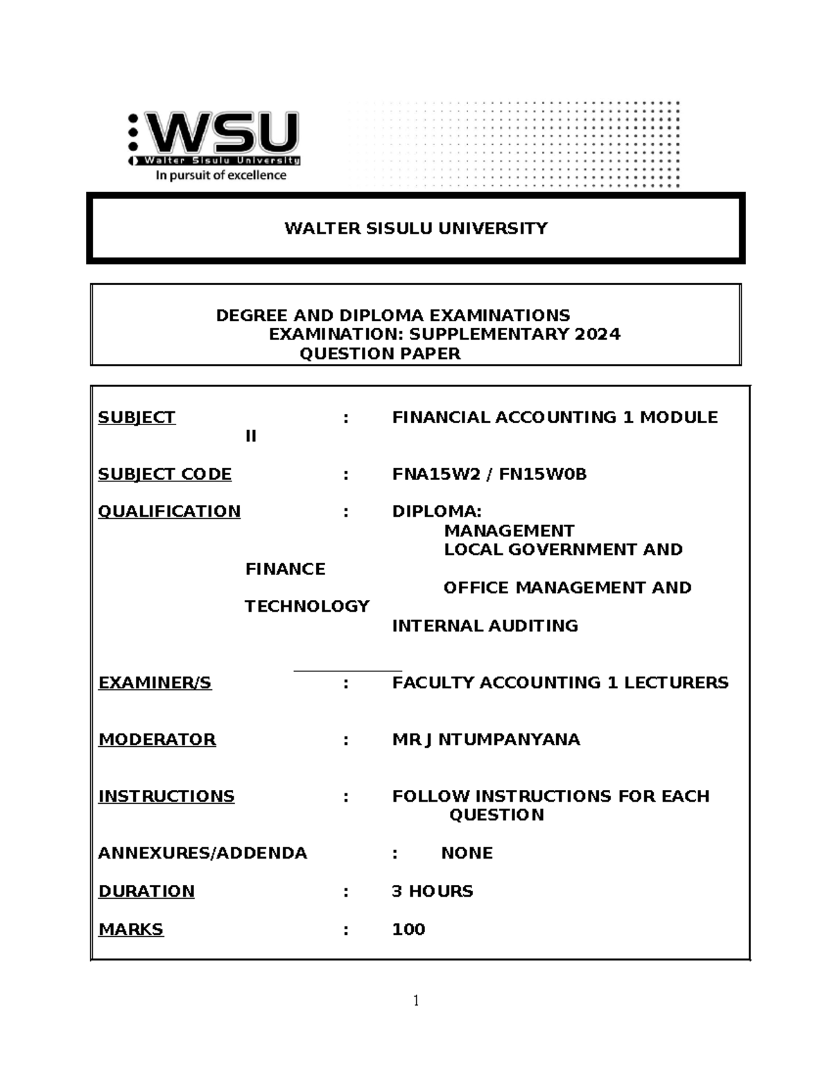 2024 Supplementary Exam Question Paper: Financial Accounting FNA15W2 ...