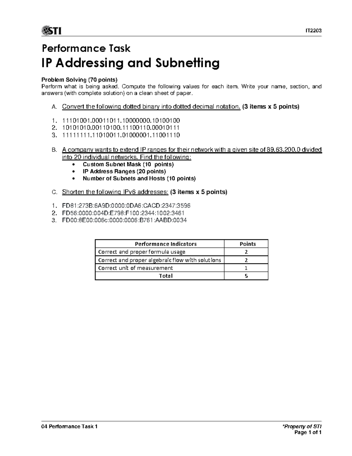 04 Performance Task 1: IP Addressing & Subnetting Assignment - Studocu