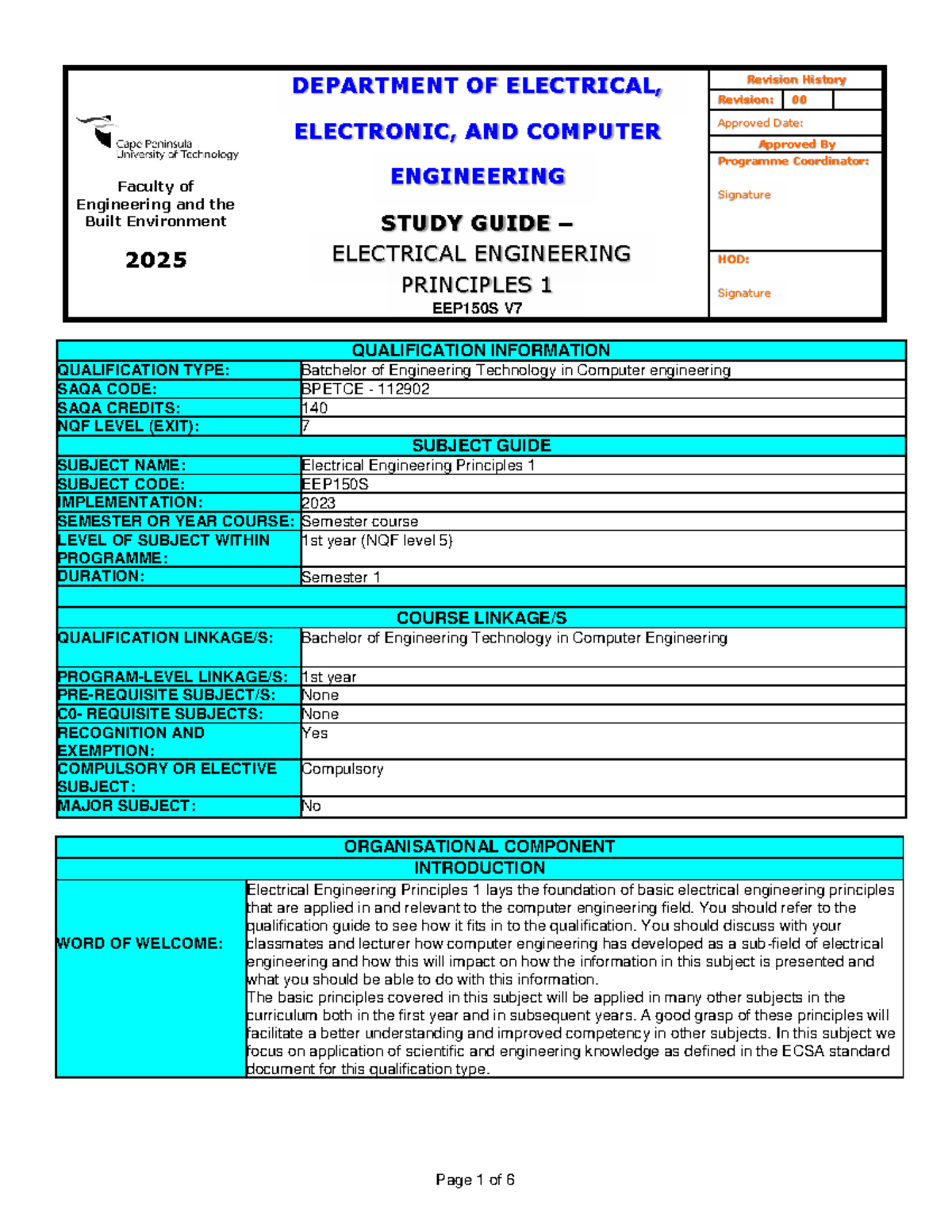 Subject Guide: Electrical Engineering Principles 1 (EEP150S) for 2025 ...