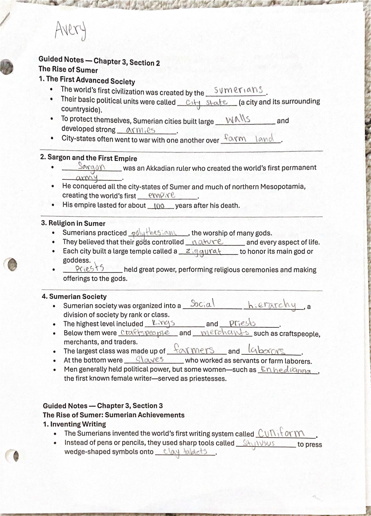 Avery Guided Notes: Chapter 3 - The Rise of Sumer and Its Achievements ...