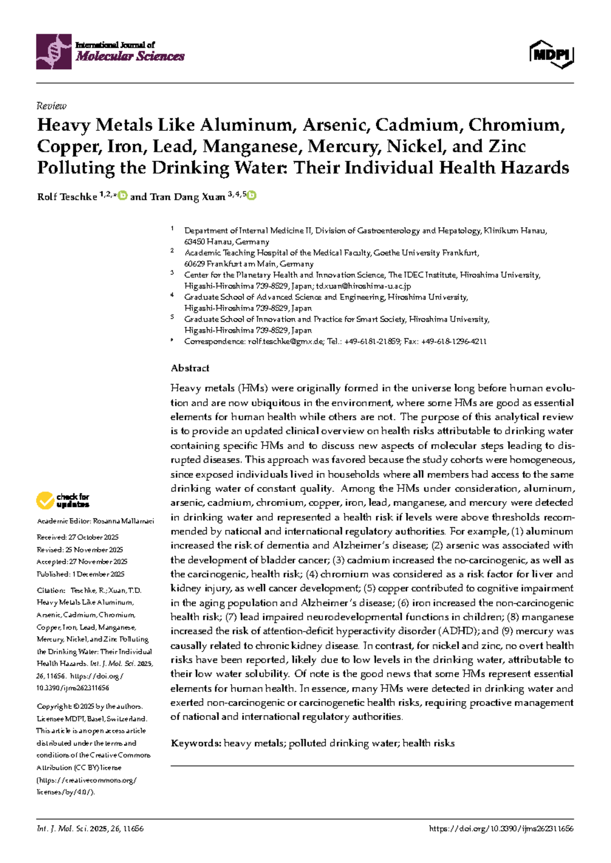 Heavy Metals in Drinking Water: Health Risks and Implications (Teschke ...