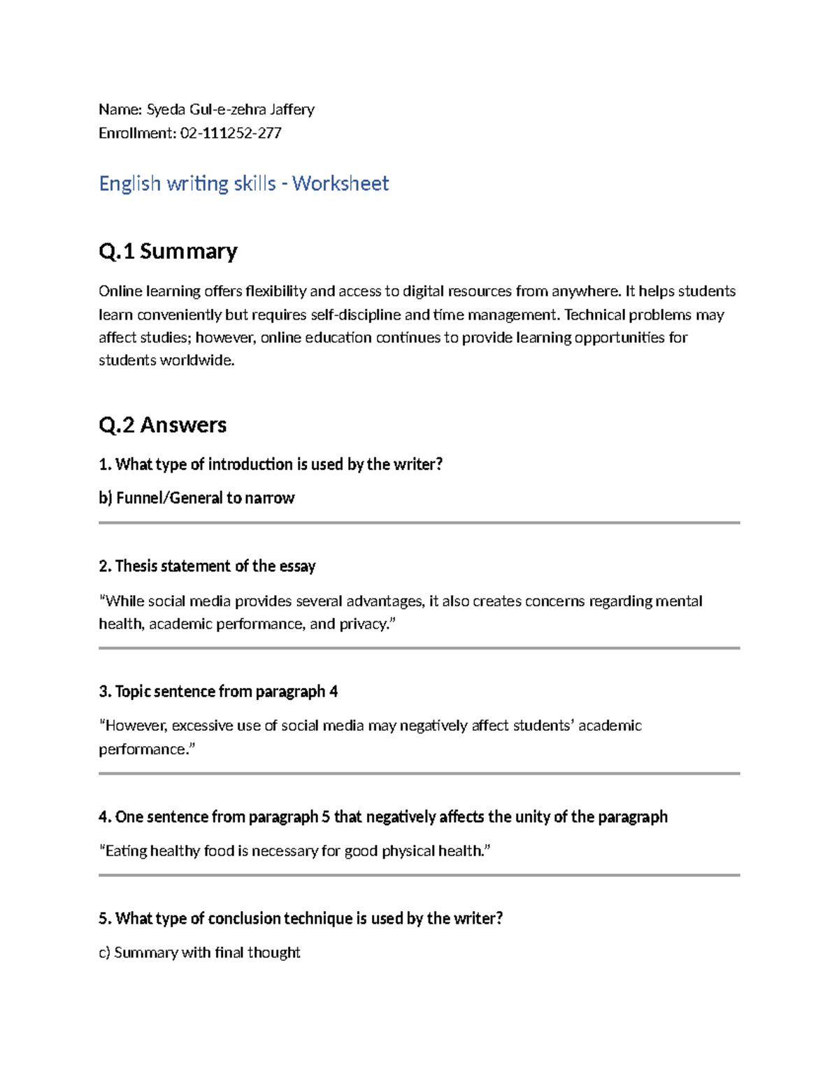 ENG101: English Writing Skills Worksheet Q1-Q4 Summary & Analysis - Studocu