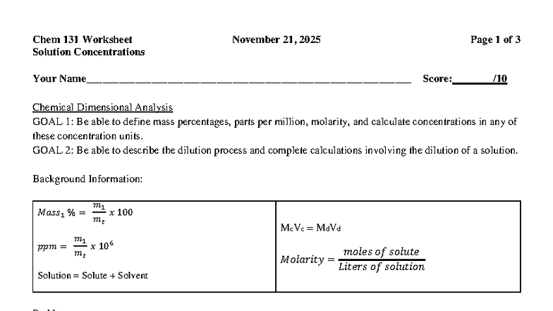 Chem 131 Worksheet: Solution Concentrations and Calculations - Chem 1 ...