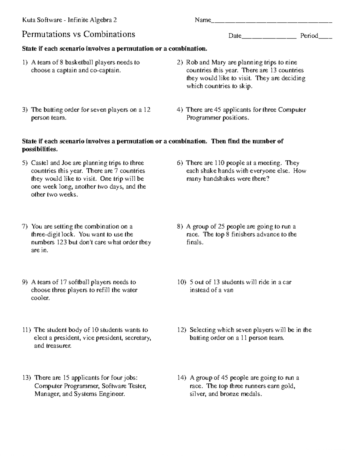 Permutations v Combinations Student copy - ©[ I2K0j1]5X bKPuftday ...