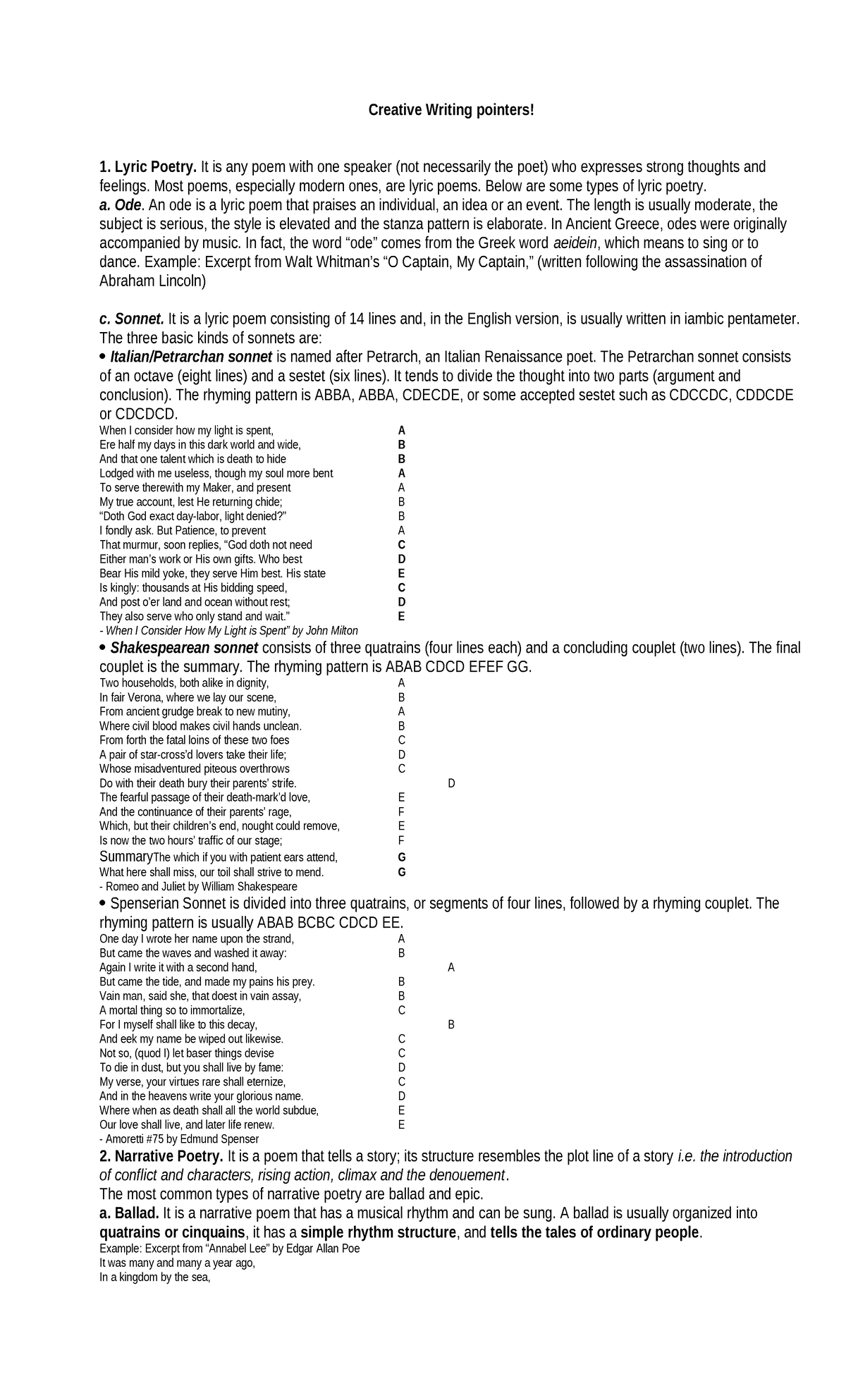 Creative Writing Pointers: Exploring Lyric and Narrative Poetry - Studocu