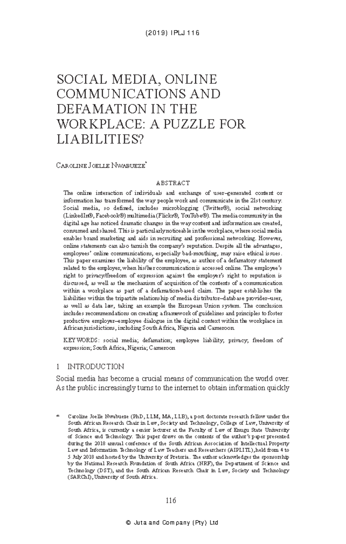 SAIPLJ 2019: Social Media, Online Defamation, and Employee Liability ...