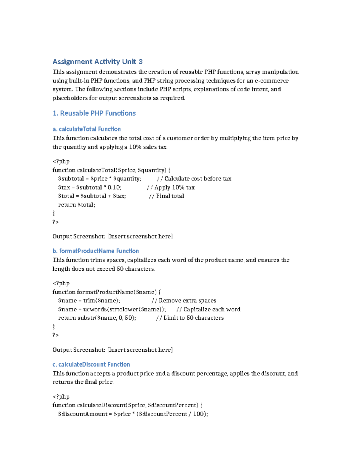 Unit 3 Assignment: PHP Functions & Array Manipulation Techniques - Studocu