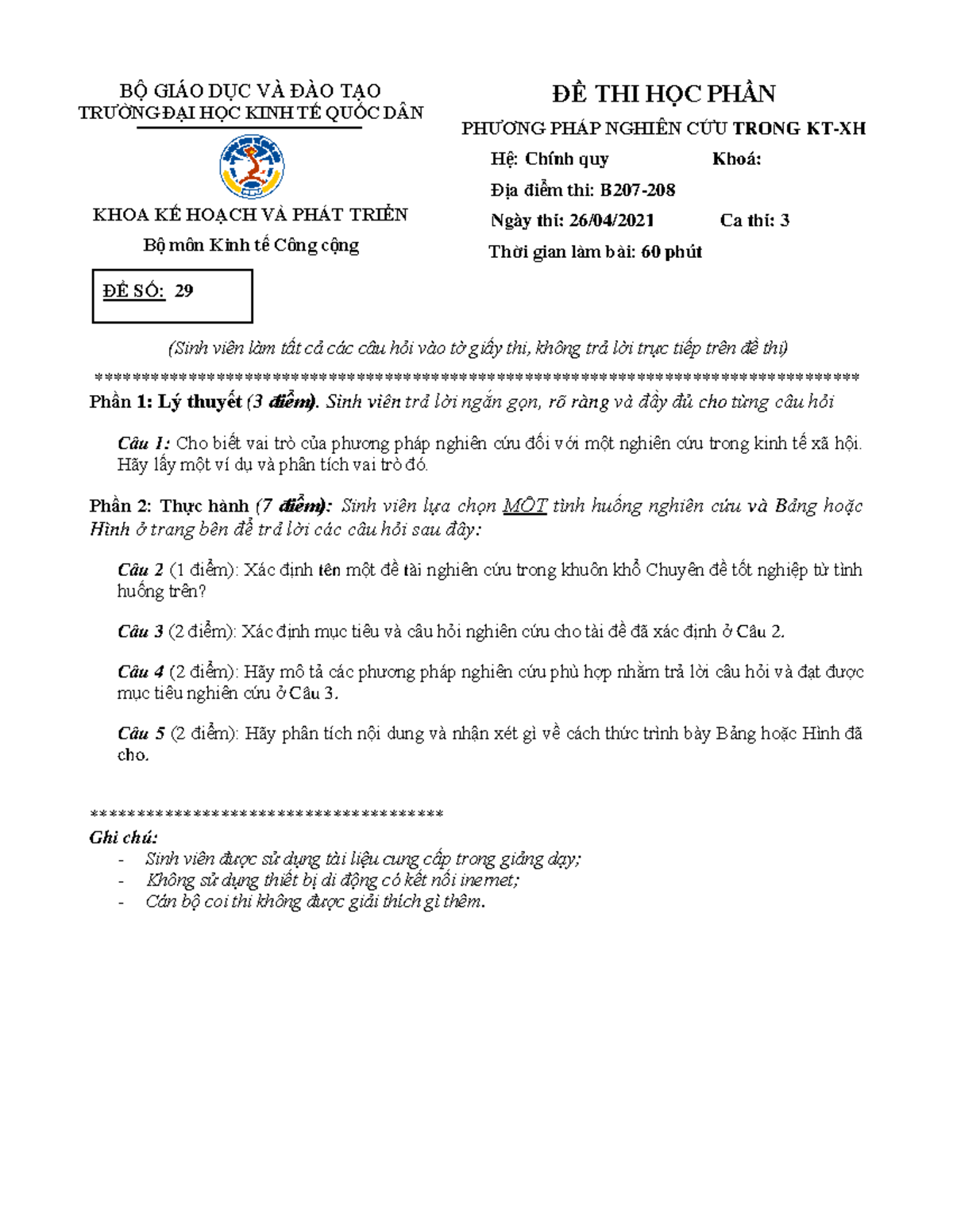 De-thi-PPNC-DH-2021-3-2-credits - BỘ GIÁO DỤC VÀ ĐÀO TẠO TRƯỜNG ĐẠI HỌC KINH TẾ QUỐC DÂN KHOA KẾ ...