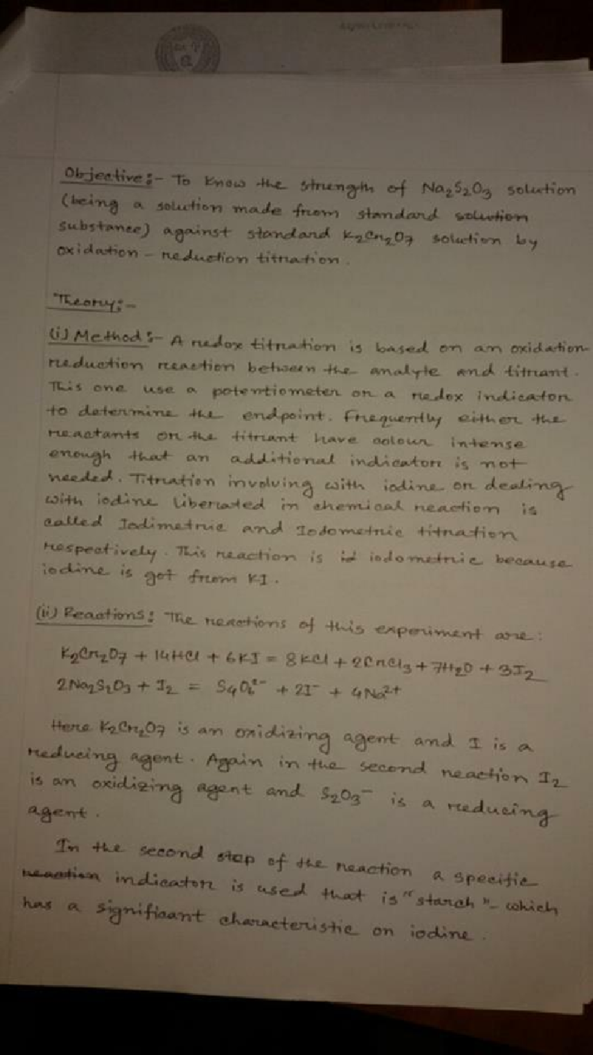 Chemistry Experiment No. 5: Redox Titration of Na₂S₂O₃ vs K₂Cr₂O₇ - Studocu