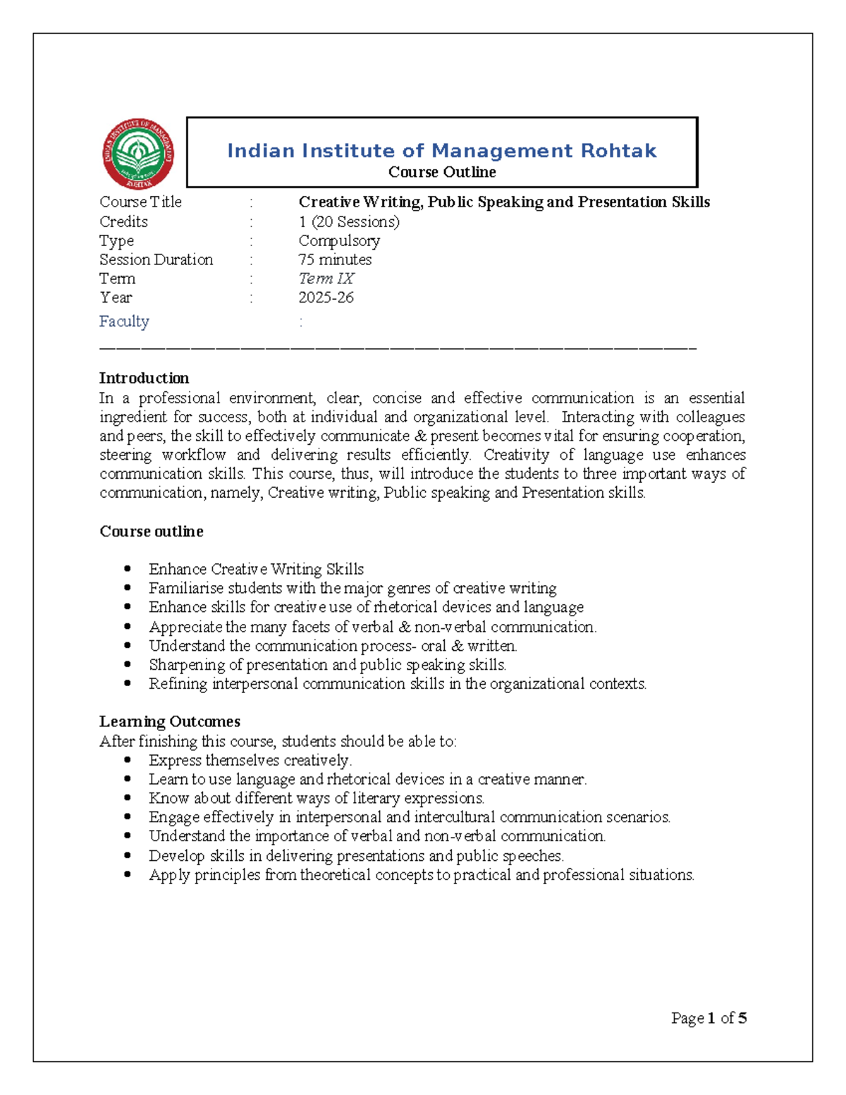 IIM Rohtak Course Outline: Creative Writing & Public Speaking Skills ...