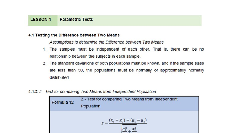 LESSON 4: Parametric Tests - Comparing Two Means (Module) - Studocu