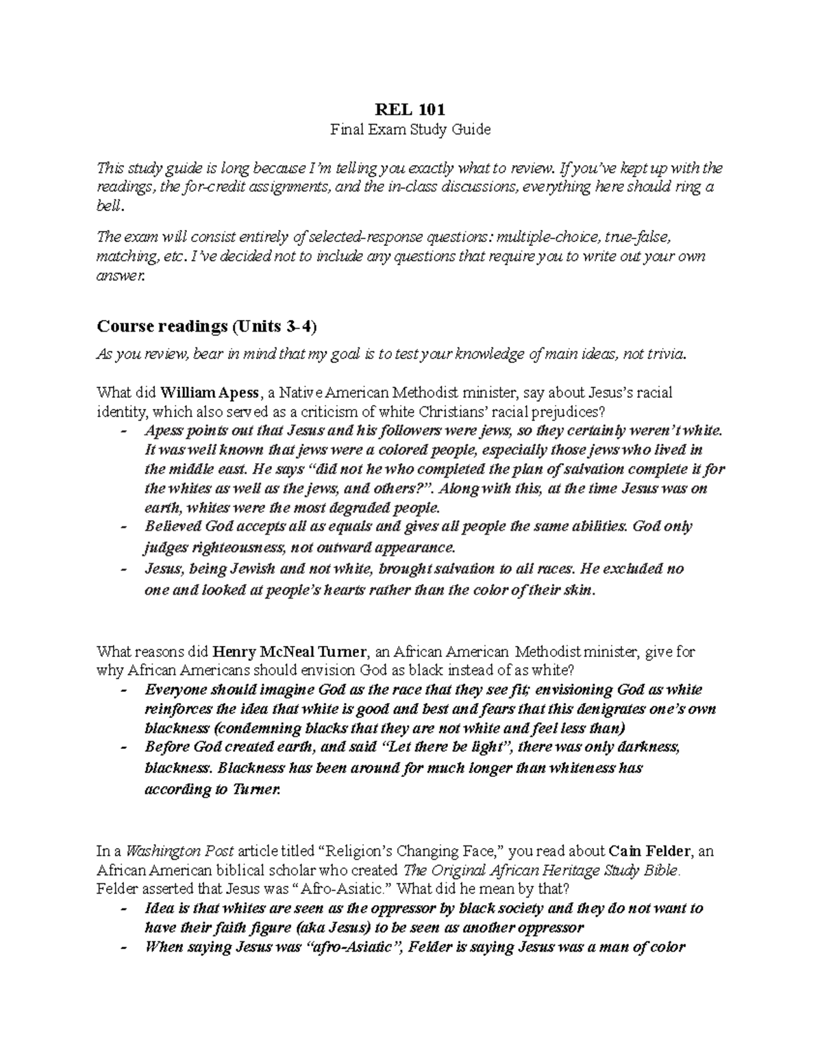 REL 101 A Final Exam Study Guide.docx - REL 101 Final Exam Study Guide This study guide is long ...