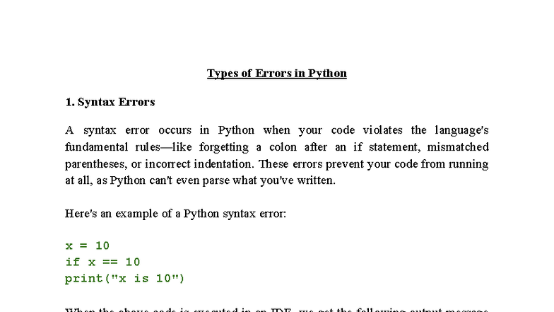 Types of Errors in Python: Syntax, Runtime, and More (CS101) - Studocu