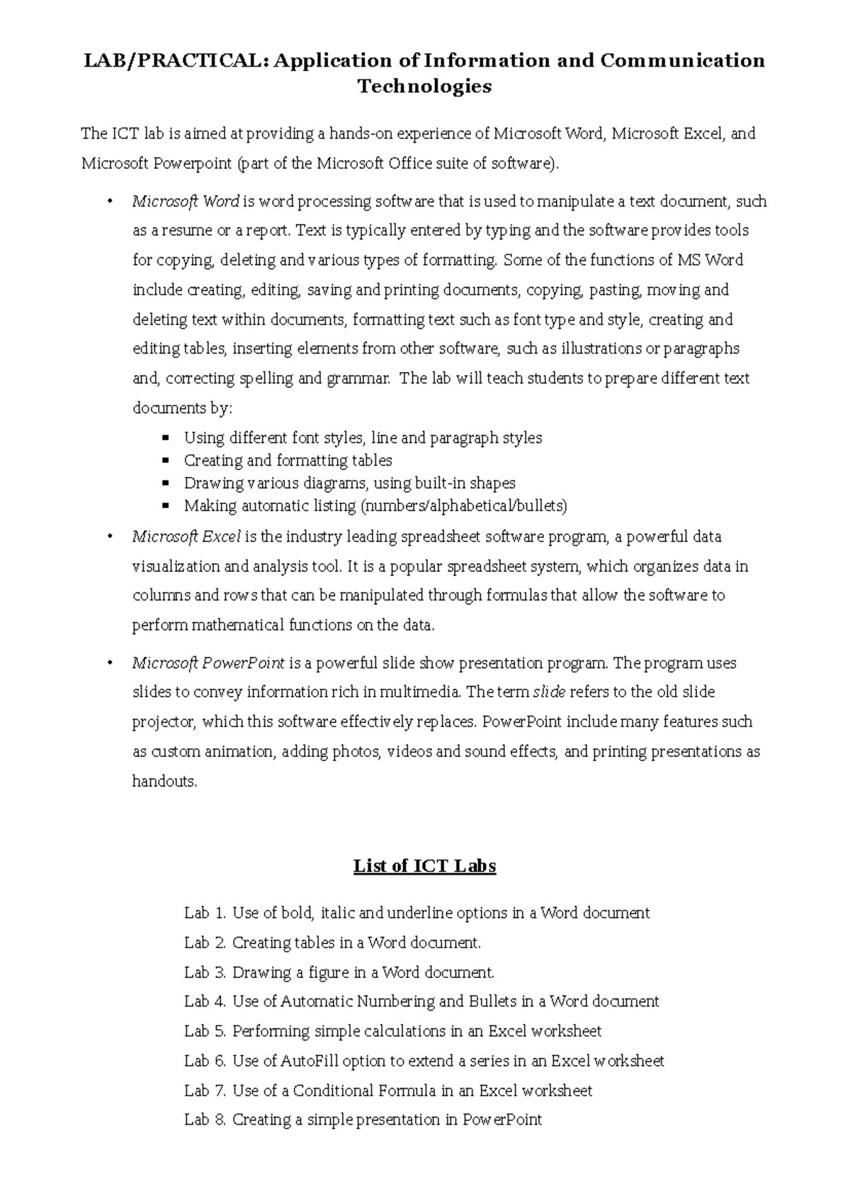 ICT Lab Practical: Application of MS Word, Excel, & PowerPoint (Labs ...